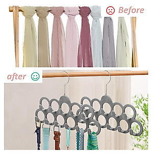 ManGotree Velvet Scarf Hanger, Scarf Organizer, Flocked Velvet Finish, Scarf Holder with 11 Loops and Hooks for Shawls, Scarves, Ties, Belts, or Other Accessories, 2 Pack (Grey)