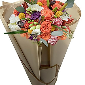 MIMISERVICE 20 PCS Khaki Flower Wrapping Paper, Waterproof Translucent Flower Bouquet Wrapping Paper, Gold Edge Florist Bouquet Supplies with Ribbon for DIY Gifts Wedding Birthday