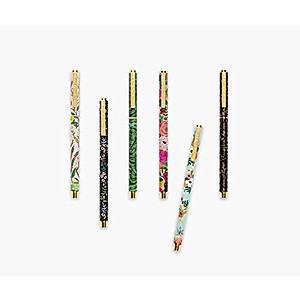 RIFLE PAPER CO. Lively Floral Writing Pen, 5.375" L, 0.5 mm Rollerball Tip, Stainless Steel Body with Brass Accents, Pair Desk Accessories