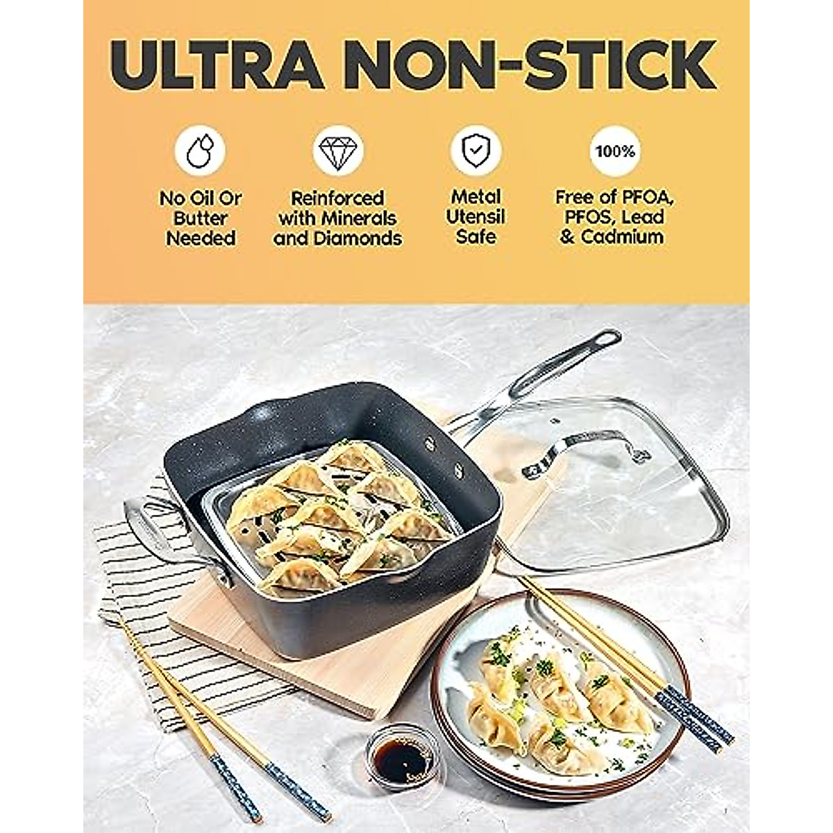 Granitestone 9.5 Inch Deep Frying Pan with Lid, 4 Pc Non Stick Deep Square Frying Pan Set with Steamer & Fry Basket, Large Frying Pan/Saute Pan for Cooking, Dishwasher/Oven Safe, 100% Non Toxic
