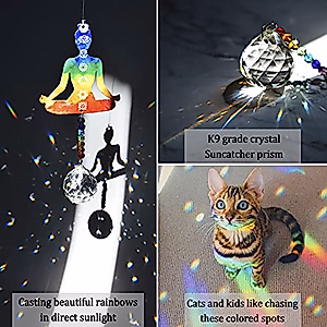 Chakra Healing Crystal Prism Suncatcher with Rainbow Yoga Meditation Figurine Statue Stained Glass Beads for Window Garden Wall Hanging Decoration