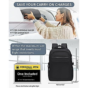 Travel Laptop Carry on Backpack for Women Men, Airline Flight Approved Waterproof 14 Inch Laptop Backpack, Casual Daypack College Personal item Bag Rucksack with USB Charging Port for Business, Black