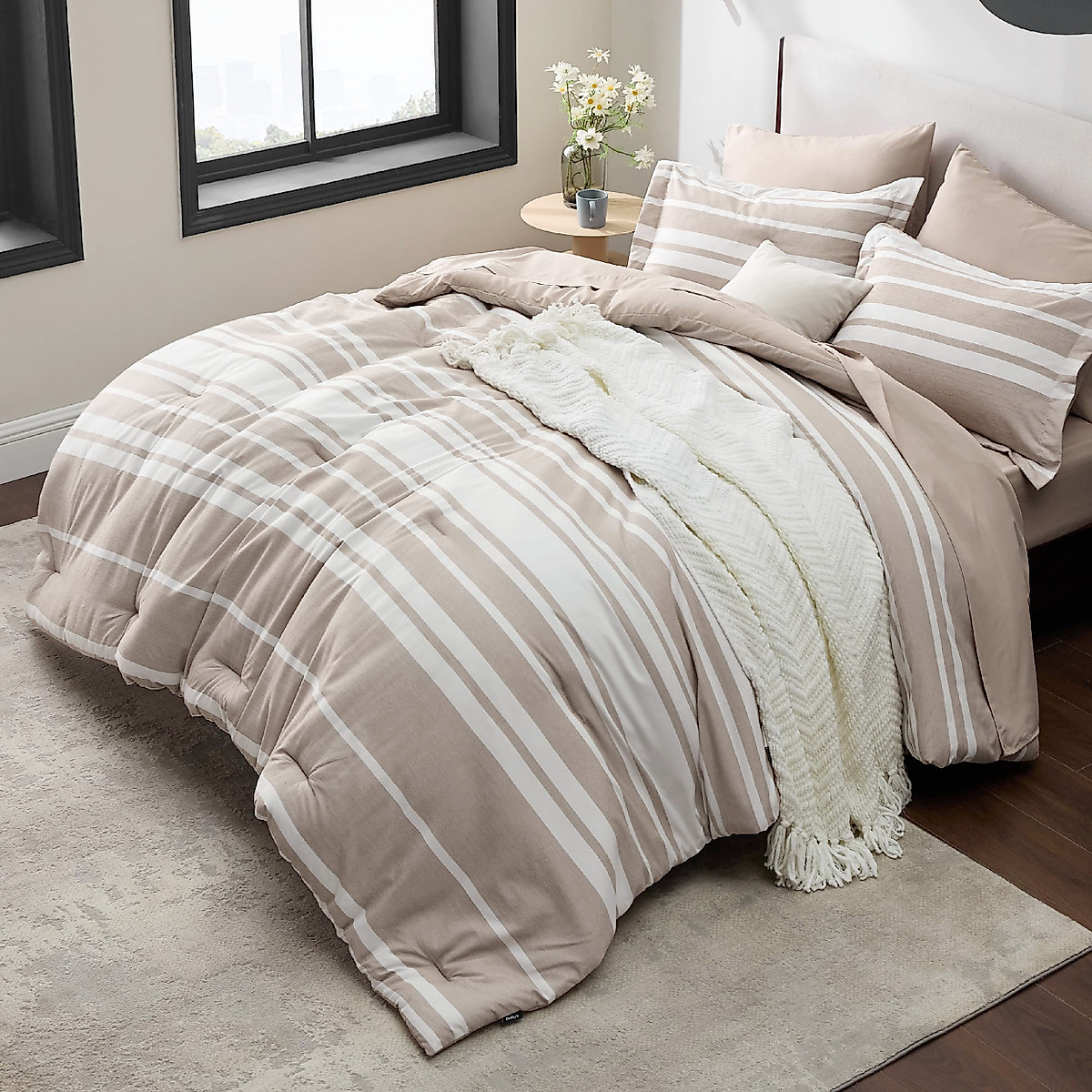 Bedsure Full Comforter Set 7 Pieces, Light Camel Striped Bedding Set for Full Size Bed Reversible, Cationic Dyeing Bed in a Bag with Comforter, Sheets, Pillowcases & Shams
