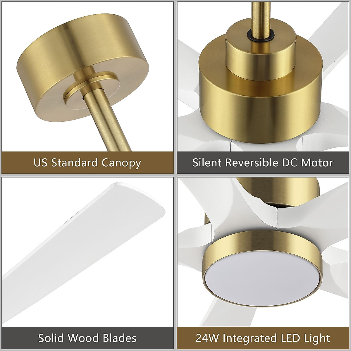 ELEHINSER 60" Modern Ceiling Fan with Lights and Remote Control, 5 Solid Wood Blades 6-Speed Noiseless Reversible DC Motor, Ceiling Fan for Bedroom Dinning Living Room, Gold Finish with White Blade