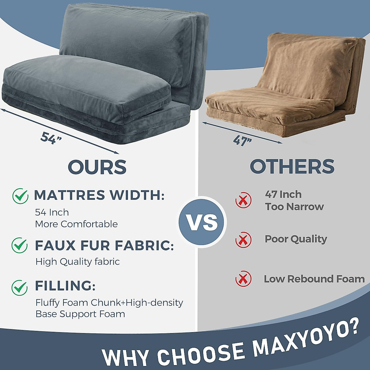 MAXYOYO Bean Bag Bed Folding Sofa Bed Floor Mattress for Adults, Extra Thick and Long Floor Sofa with Faux Fur Washable Cover, Full Floor Couch Bed for Bedroom Living Room, Dusty Blue, 54x95 Inch