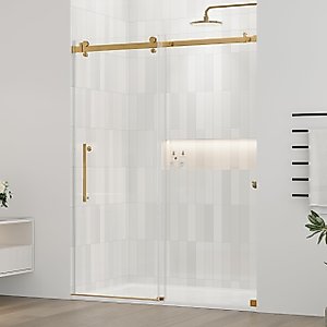 DELAVIN 56-60.in W x 72.in H Frameless Shower Door, Water Repellent Gold Shower Door with 5/16" (8mm) Clear Tempered Glass, Easy Sliding Showe Door with Explosion-Proof Film, Stainless Steel