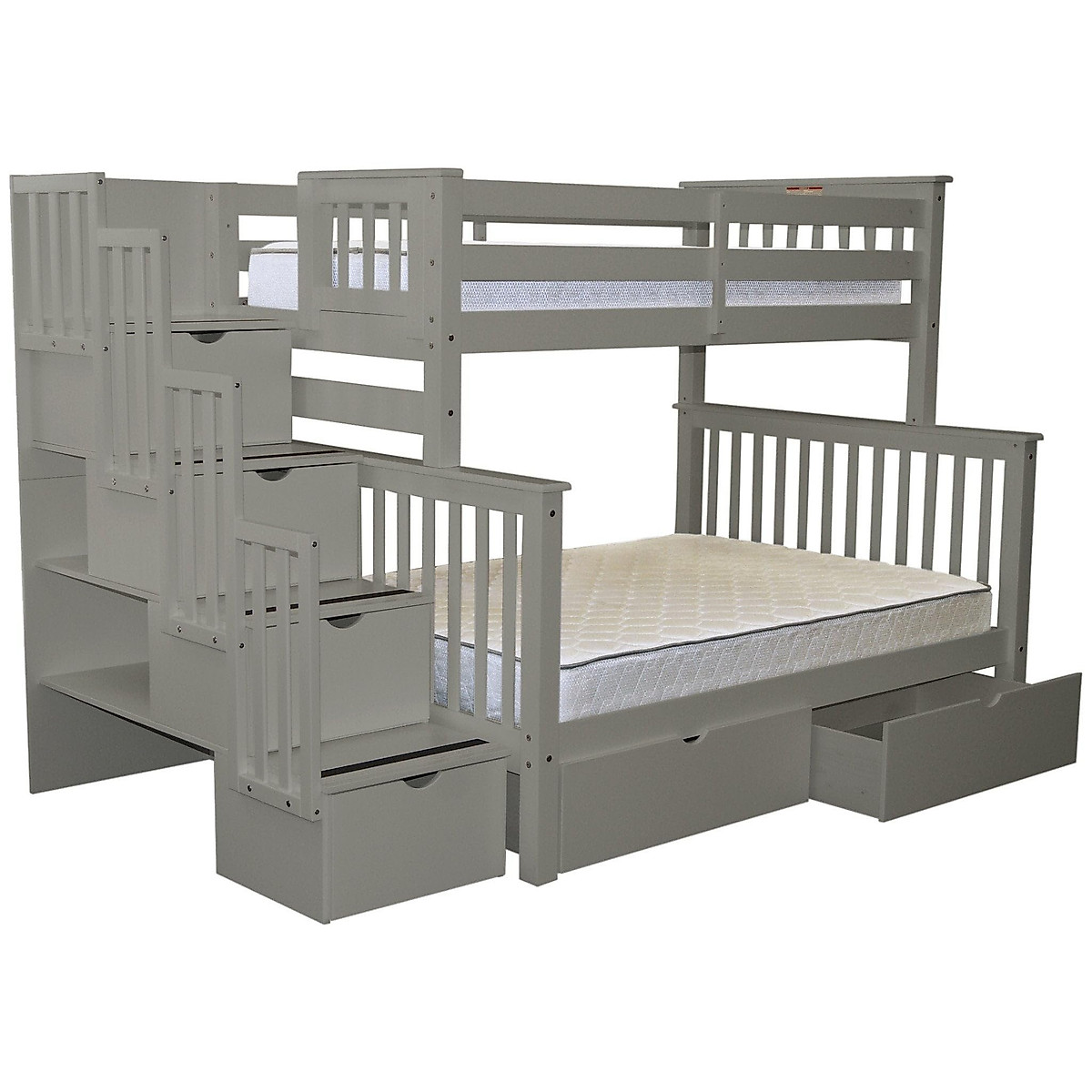 Bedz King Stairway Bunk Beds Twin over Full with 4 Drawers in the Steps and 2 Under Bed Drawers, Gray
