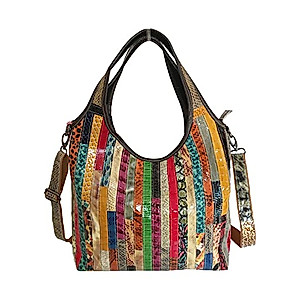 Womens Large Multicolor Genuine Leather Shoulder Bag Vintage Stripes Splicing Hobo Satchels Tote Handbag Crossbody Purse (Multicolor)