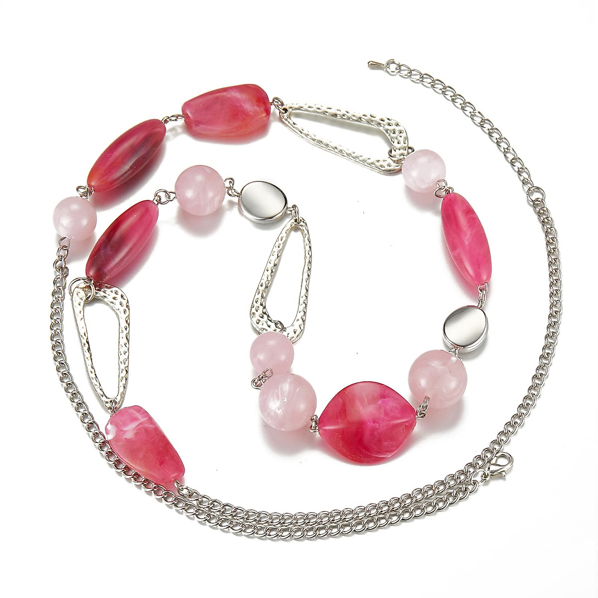 Noessla Beaded Long Necklace Silver Sweater Chain Women Beads Necklaces Fashion Jewelry Party Birthday Gifts(07-Hot pink)