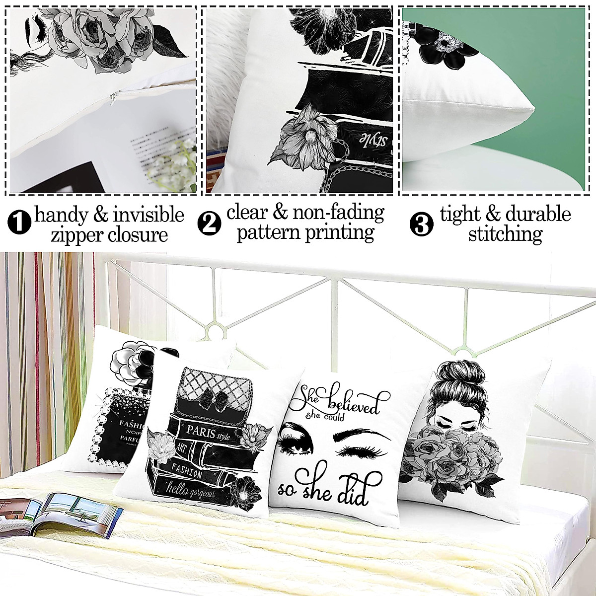 HSINYA Set of 4 18x18 Couch Bed Decorative Pillow Covers Black White Throw Pillow Covers Fashion Girls Bling Perfume Eyelashes High Heels Sayings Gray Flowers Cute Accent Pillow Covers (Black White)