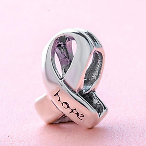 Hope Ribbon Charms Compatible with Pandora Women Bracelet, Antique 925 Sterling Silver Breast Cancer Awareness Beads, Love Gifts for Mothers Day/Christmas/Valentines Day