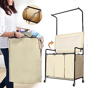 MYOYAY 3 Section Laundry Sorter with Garment Hanging Bar Rack Foldable Ironing Board, Laundry Basket Organizer Heavy Duty Laundry Hamper Rolling Cart with Lockable Wheels and 3 Removable Bags