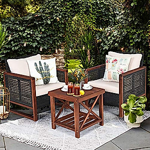 Tangkula 3 Pieces Patio Wicker Furniture Set, Rattan Outdoor Sofa Set w/Washable Cushion & Acacia Wood Coffee Table, Conversation Bistro Set for Garden Balcony Backyard (Beige)