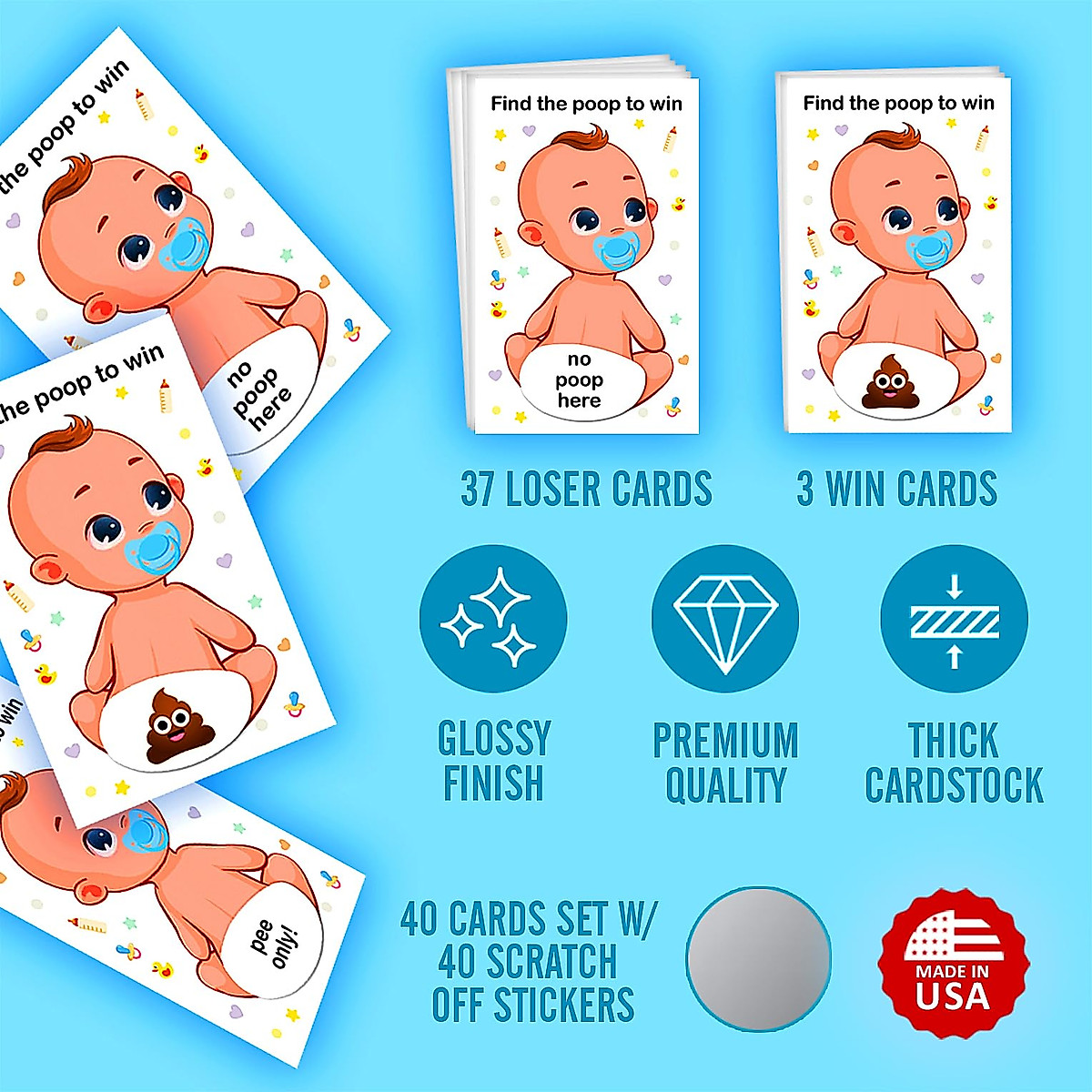 Baby Shower Boy Scratch Off Poop Game, Easy to Play Silly Games, Fun Idea, Ice Breaker Activity. Raffle Cards, Blue Pacifier, Set of 40 Cards Made in USA