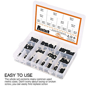 Rustark 450Pcs M3/M4/M5/M6/M8 Allen Head Socket Hex Grub Screw Set Assortment Kit with Internal Hex Drive - 12.9 Class Black Alloy Steel