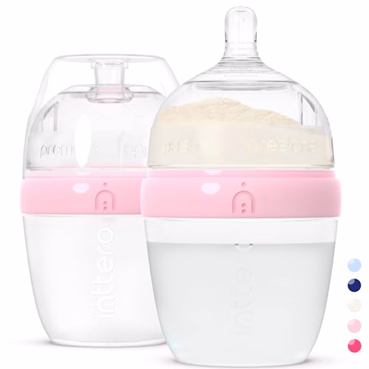 INTTERO 6oz Pink Formula Dispenser Anti-Colic Baby Bottles - 2 Pack/Slow Flow (Cute Pink) — Everyday Baby Essential — Formula Bottle On The Go — Biberones para Formula — Pop Yummy Baby Mixie Brezza