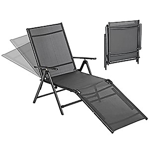 Esright Outdoor Chaise Lounge Chair, Folding Textilene Reclining Lounge Chair for Beach Yard Pool Patio with 7 Back & 2 Leg Adjustable Positions, Gray