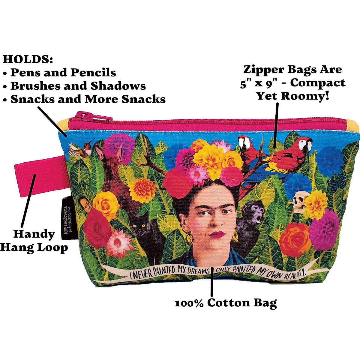 The Unemployed Philosophers Guild Frida Kahlo Bag - 9" Canvas Art Themed Zipper Pouch for Pencils, Tools, Cosmetics, Toiletries and More