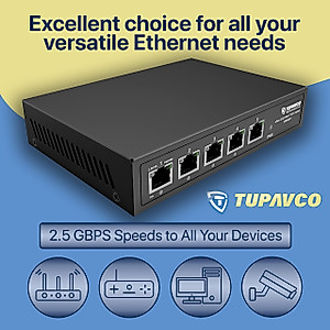 2.5GB Switch (5 Port) PoE++ for Ethernet Network - 1x90W (802.3bt) 4x30W (802.3at) Ports - High Speed 10M/100M/1G/2.5G Gigabit (802.3bz) - Unmanaged LAN Splitter with UPLINK Port - Tupavco TP1941