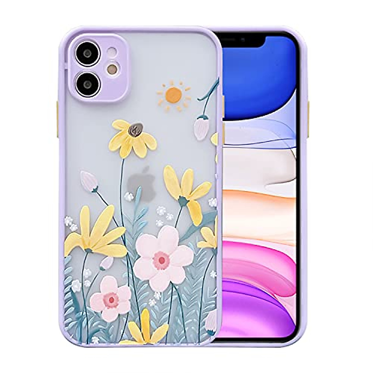 Ownest Compatible for iPhone 11 Case for Flower Clear Frosted PC Back Floral Girls Woman and Soft TPU Protective Silicone Slim Case for iPhone 11-Taro Purple