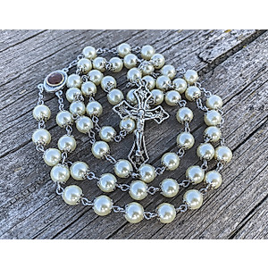 Nazareth Store Pearl Cream Beads Rosary Necklace Holy Soil Medal and Cross Catholic Rosaries for Women, Men