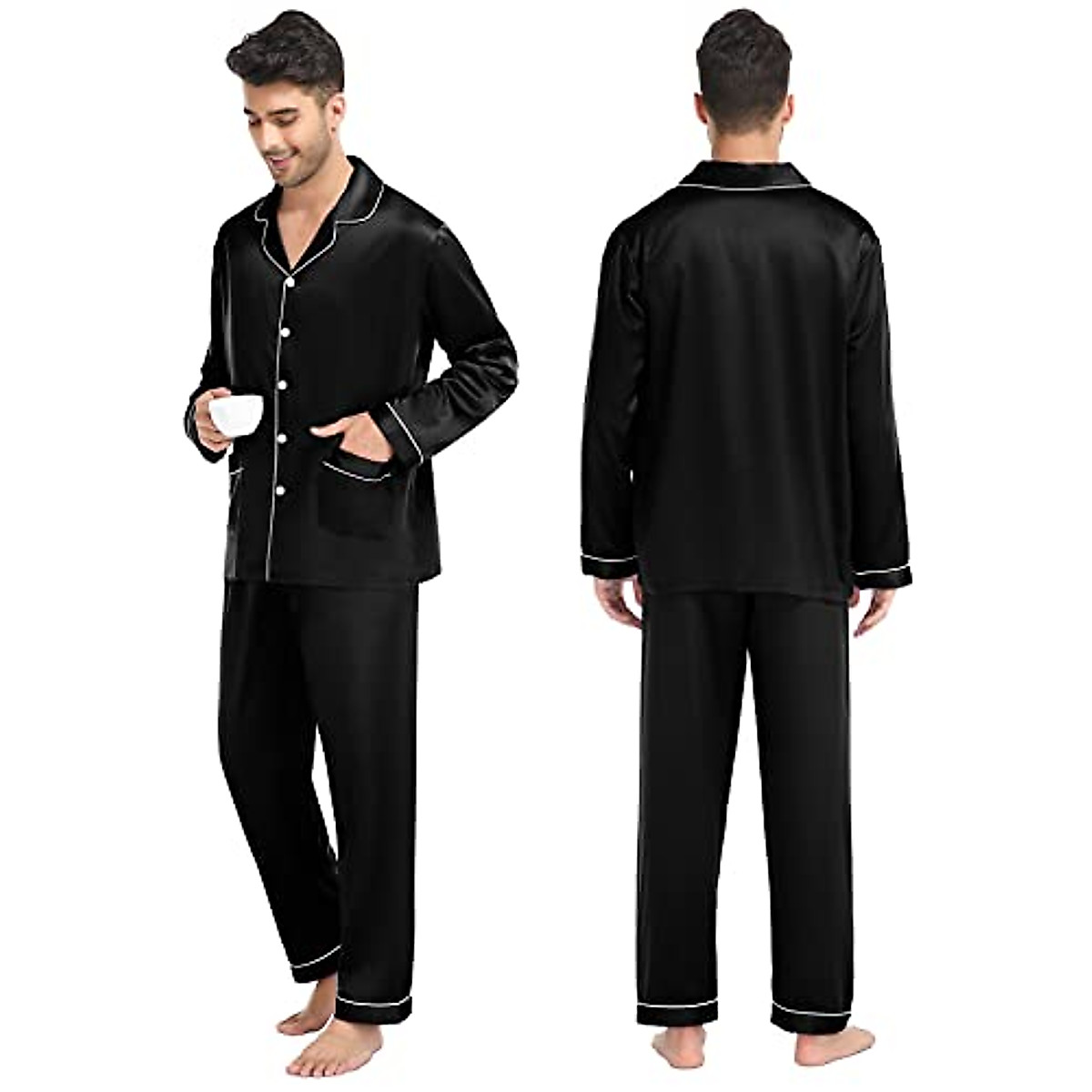 SWOMOG Womens Silk Satin Pajamas Long Sleeve Loungewear Two-piece Sleepwear Button Down Pj Set Black