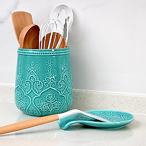 Ceramic Spoon Rest for Kitchen Counter and Stove Top - Farmhouse Style Ceramic Spoon Holder for Cooking & Counter Protection（Green）