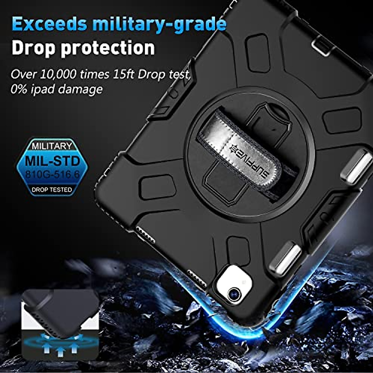 SUPFIVES Case for iPad Air 5th Generation 10.9 Inch 2022: Military Grade Silicone Protective Cover for iPad Air 4th Gen/iPad Pro 11 with Pencil Holder+ Rotating Stand+ Handle+ Shoulder Strap(Black)