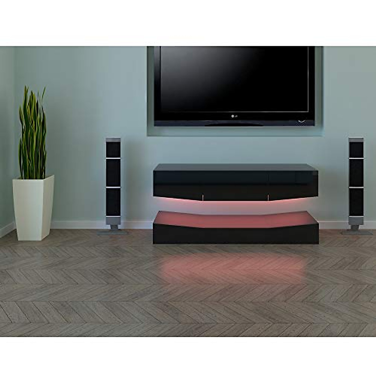 Goujxcy LED TV Stand Cabinet, Wall Mounted Upper and Lower Layer Modern Entertainment Center Unit, High Gloss 3 Storage Drawers, RGB LED Lights, 47.3'', Black