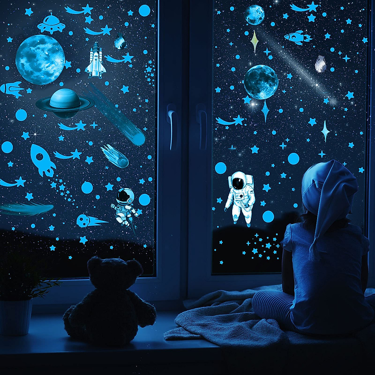 408 Pieces Glow in The Dark Space Wall Stickers Glowing Stars Wall Decals Luminous Spaceship Planet Astronaut Stickers Wall Decals for Kids Bedroom Decor