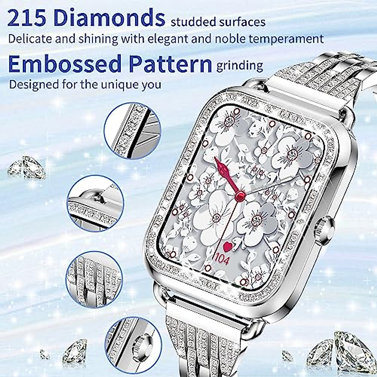 Smart Watch for Women Diamonds(Answer/Make Call),1.29''HD Touch Screen Smart Watch Android,Fitness Tracker with Heart Rate/Blood Oxygen/Sleep Monitor,Waterproof Smartwatch 3 Strap (Diamond Silver)