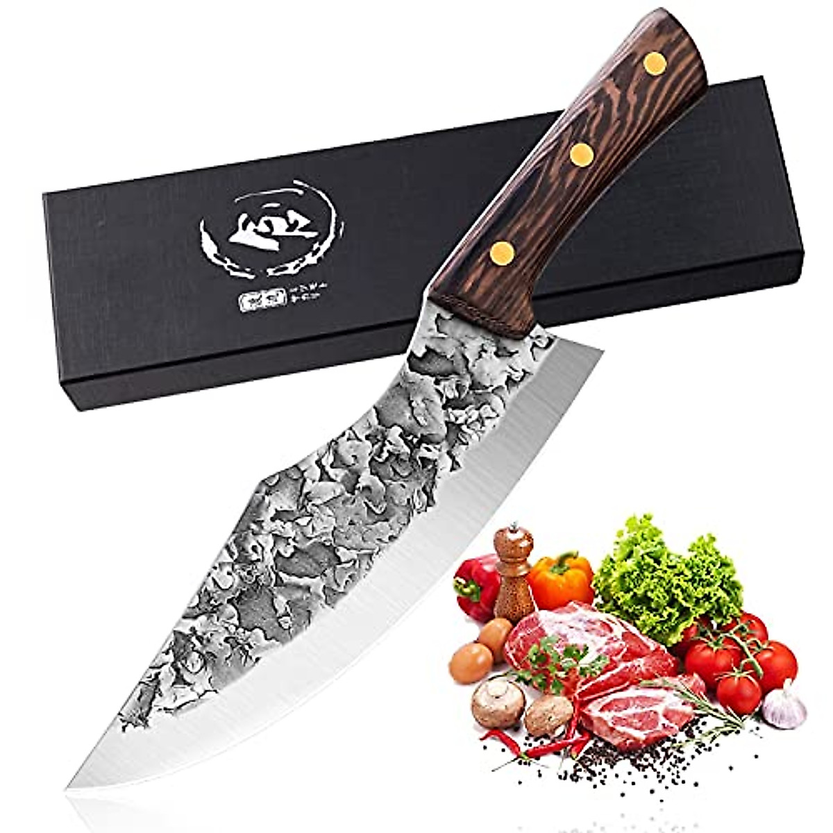 Huusk Hand Forged Butcher Knife High Carbon Steel Boning Knives Kitchen Vegetable Meat Cleaver Outdoor Chef Knife Multipurpose Breaking Skinning Fillet Knife for Barbecue, BBQ, Camping