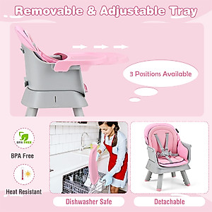 HONEY JOY 8 in 1 Baby High Chair, Convertible Highchair for Babies and Toddlers/Table and Chair Set/Building Block Table/Booster Seat/Stool/Toddler Chair with Safety Harness (Pink)