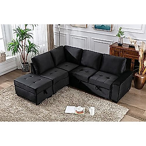 Merax Sofa Bed Sleeper Couch L Shaped Sofa with Storage Ottoman, L-Shape Sectional Couch with Comfortable backrest for Living Room and Small Apartment (Black)