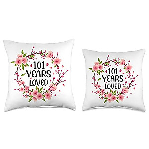 101 Years Old Birthday Gifts for Women and Men Floral Old 101st Birthday Women 101 Years Loved Throw Pillow, 16x16, Multicolor
