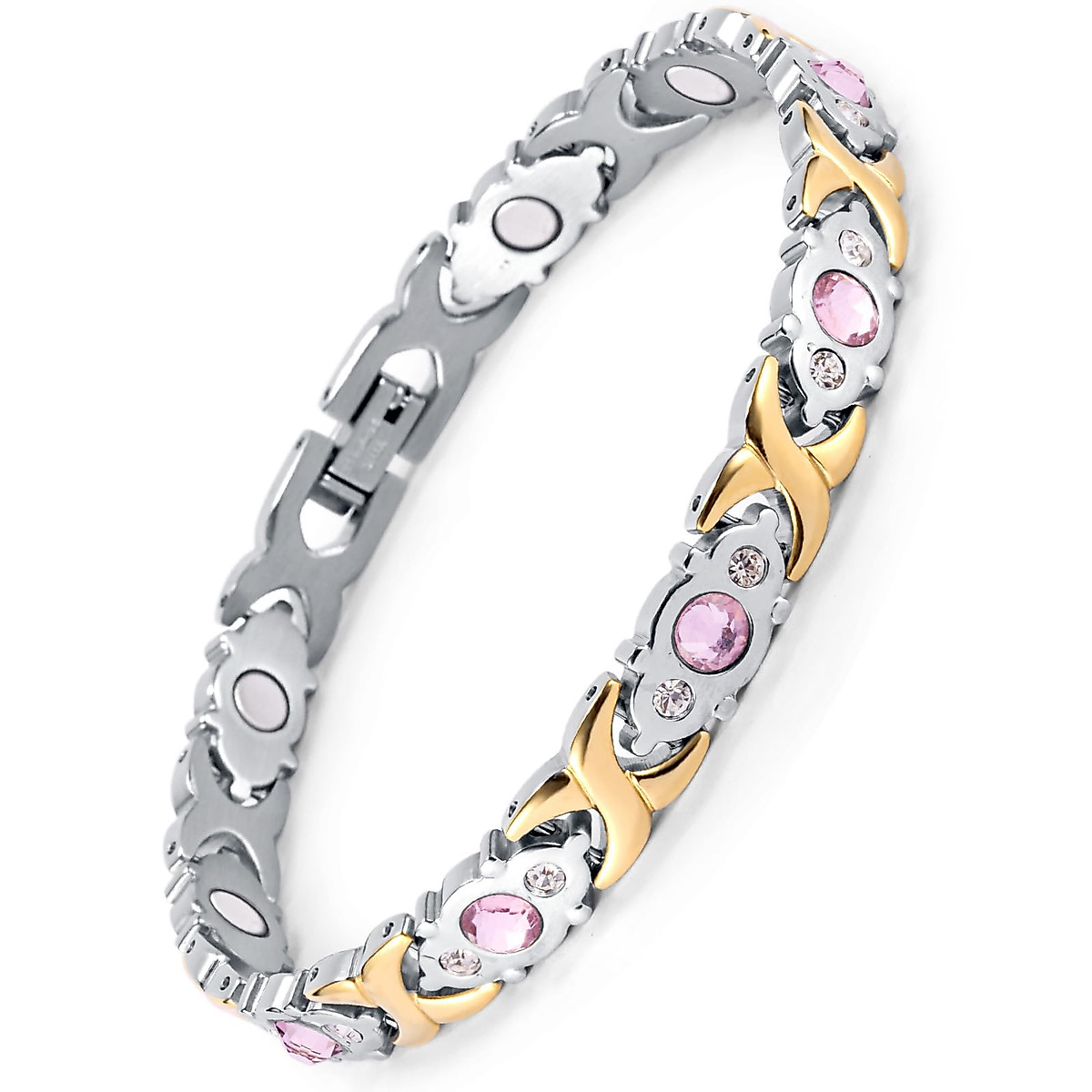 WELMAG WM Magnetic Bracelet for Women Sparkling Pink Crystals Design Fashion Chaninly Strength 3500 Gauss Magnetic Ladies Bracelets with Sizing Tool Jewelry Gift Box