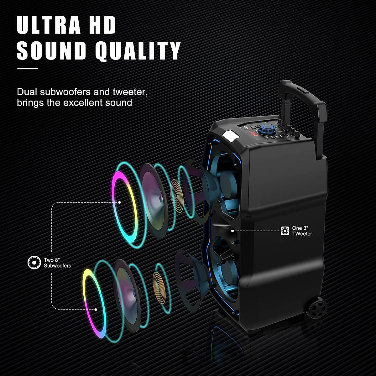 VeGue Karaoke Machine, Wireless Bluetooth PA System for Adults & Kids with Dual 8'' Subwoofers, 2 UHF Wireless Mics, Colorful LED Lights, Ideal for Home Karaoke, Party, Stage Performance (VS-0808)