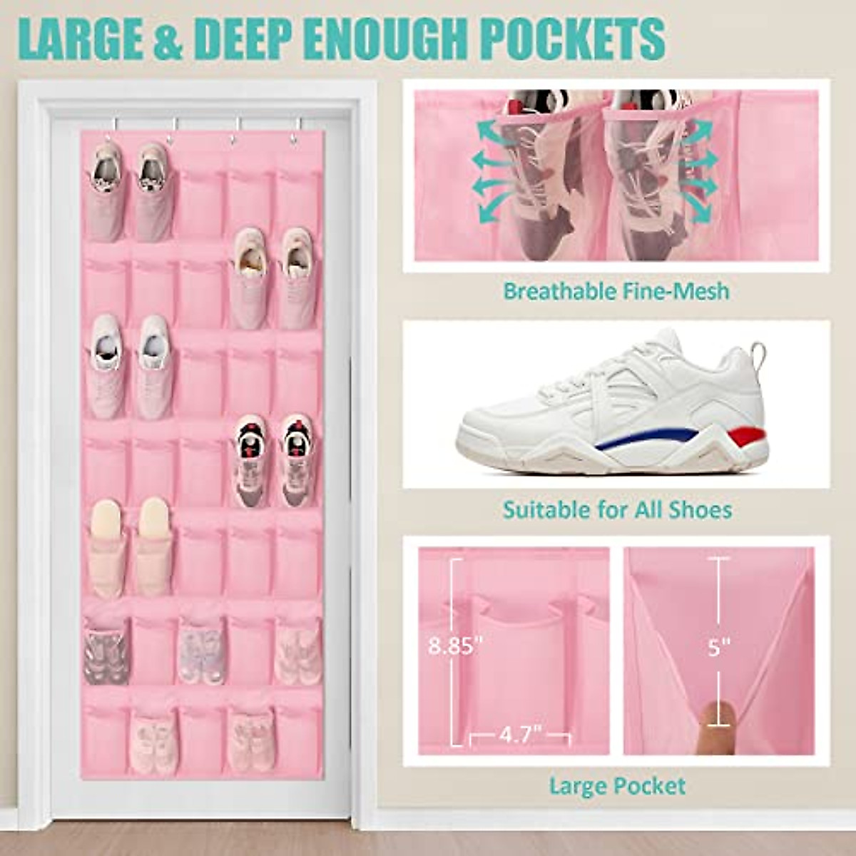 Over The Door Shoe Organizers Pink with 35 Durable Mesh Pockets Baby Organizer Storage Hanging Shoe Organizer Shoe Holder Rack For Toddler Girl Room Baby Room Craft Room Bedroom Pantry Bathroom Closet