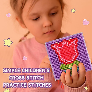 Caydo 8-in-1 Cross Stitch Kit for Beginners Kids, Includes 8 PCS Plastic Canvas with Pre-Patterns, 13 Colors Threads, Instructions, Embroidery Needles for Beginners Sewing