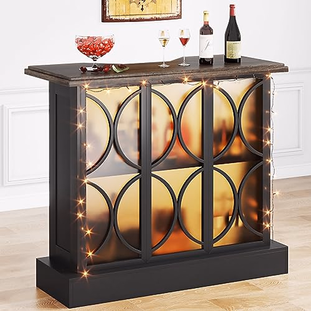 Tribesigns Home Bar Unit, Industrial Liquor Bar Table with Storage and Glasses Holder, 3-Tier Wine Bar Cabinet Mini Bars with Acrylic Front for Home Kitchen Pub (Black)