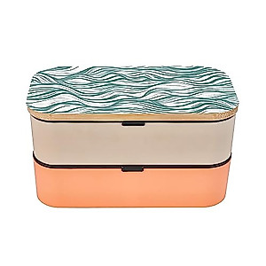 Green Wavy Stripe Adult Lunch Box, Bento Box, With Cutlery Set Of 3, 2 Compartments, Rectangular, Lunch Box For Adults