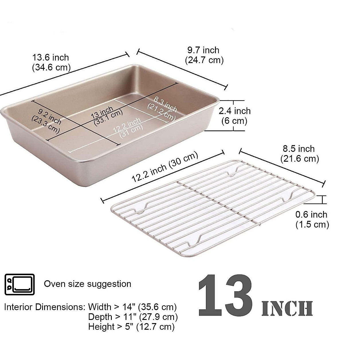 Turkey Roasting Pan with Rack for Ovens, Nonstick Rectangular Turkey Chicken Roaster Pan Baking Dish Broiler Pan Bakeware Heavy Duty Carbon Steel 13.6"