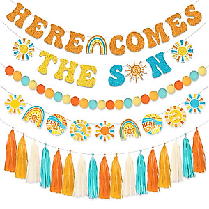 LARRAZABAL Here Comes The Son Baby Shower Banner, Here Comes the Son Baby Shower Decor Boy Boho Retro Sunshine 1st Birthday Party Supplies