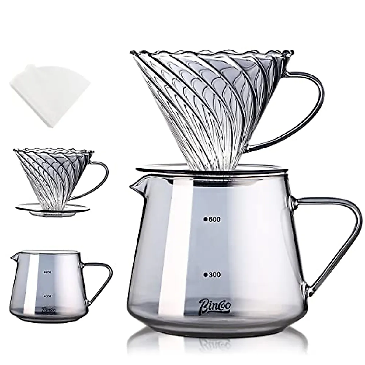 Bincoo Glass Coffee Server Set 600ml- Glass Pour Over Coffee Maker Set with Dripper, V60 Coffee Pot with 50 Count Paper Filter for Home and Office (Dark Gray)