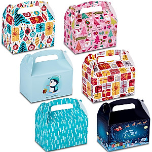ARTLYMERS 24 Pack Christmas Treat Boxes, Candy Boxes Party Favor Christmas Cookie Dessert Goody Boxes with Handle for Christmas Gift Giving, 6 Patterns