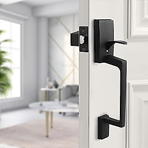 Azdele Black Front Door Handle Set, Entry Door Handle Set with Door Lever Reversible for Right and Left Handed Doors, Single Cylinder Exterior Door Handleset with Lower Half Lever, Matte Black