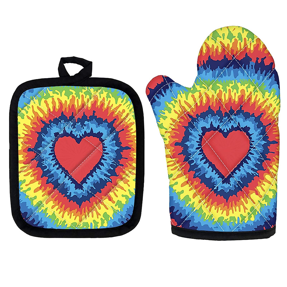 JOAIFO Heart Tie Dye Prints Stylish Oven Mitts Set for BBQ Barking,Premium Heat Resistant Over Glover and Pot Holders Non Slip Accessories