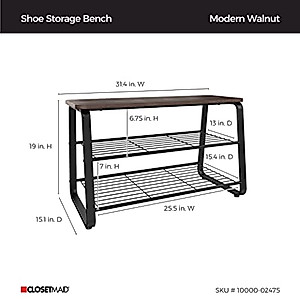 ClosetMaid 3-Tier Shoe Rack Bench - Metal Frame, Wire Shelves, Wood Seat - Entryway, Hallway, Living Room, Mudroom Organizer - Modern Walnut Finish