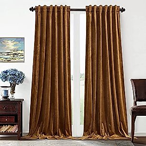 Benedeco Gold Brown Velvet Curtains for Bedroom Window with Back Tab, Super Soft Vintage Luxury Heavy Drapes, Room Darkening Thermal Insulated Curtain for Living Room, W52 by L84 inches, 2 Panels