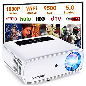 Projector with WiFi and Bluetooth, Native Full HD 1080P Portable Movie Projector, 9500Lux, Touch Screen, 350'' Outdoor Projector Supports 4K & Zoom, Compatible with Phone, PC, Laptop, TV Stick, PS5